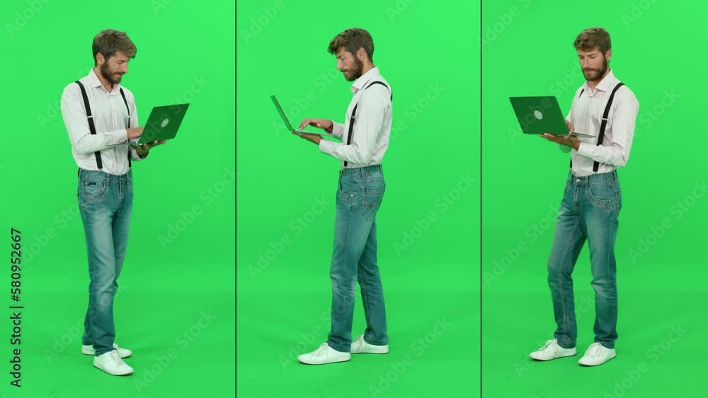 Spli screen, art director works on a laptop, typing and uses laptop on ...