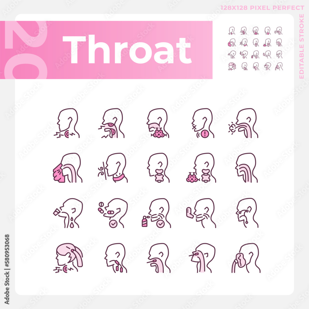 Throat pixel perfect RGB color linear icons set. Diseases diagnosis and ...