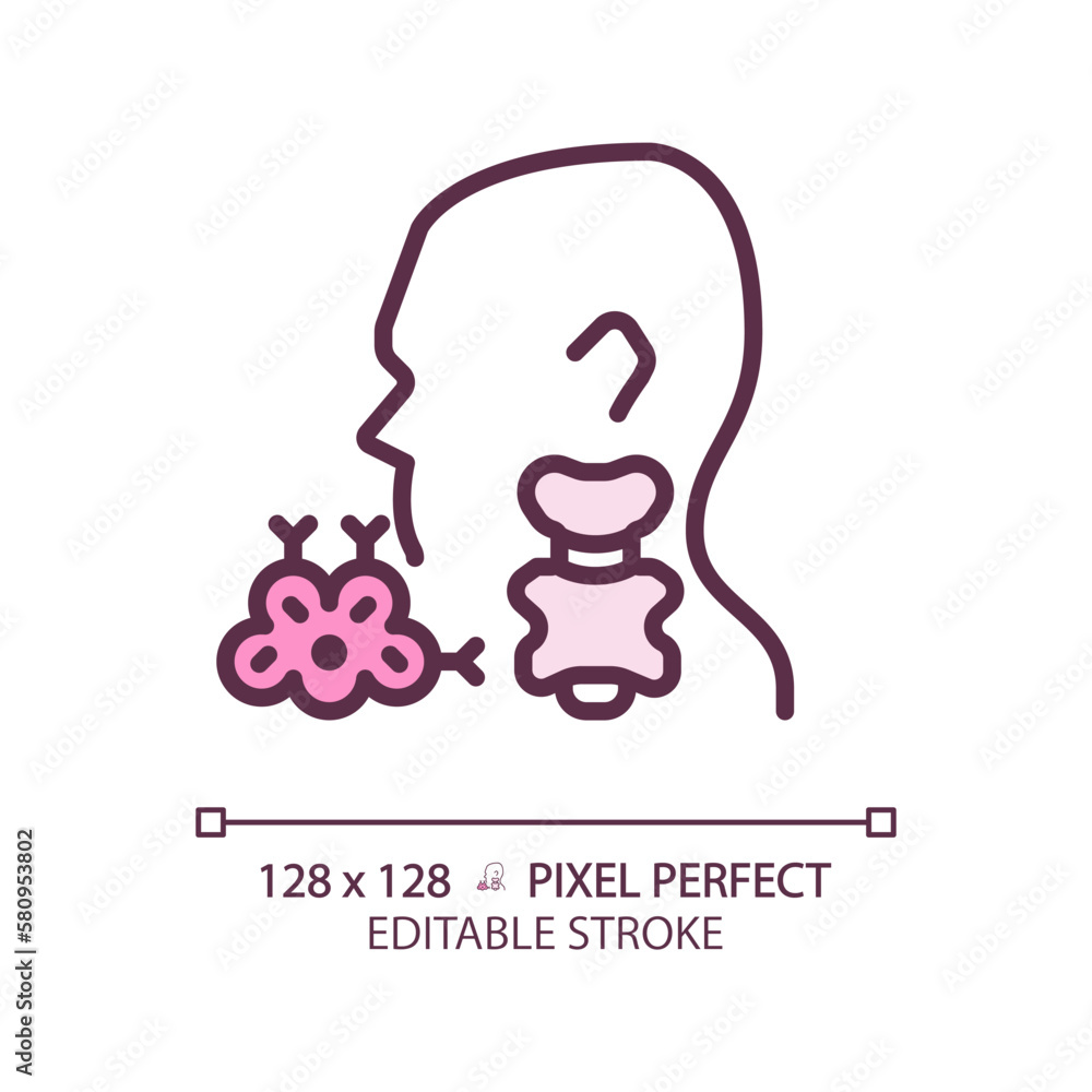 Thyroid cancer pixel perfect RGB color linear icon. Gland oncological ...
