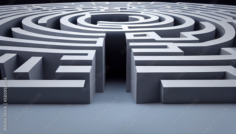 Maze graphics, labyrinth in perspective, Logic challenge, circle. Problem solve concept. AI ...