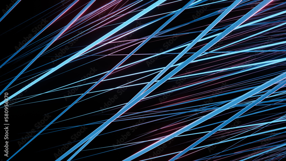 Bright blue and magenta neon background, 3D metallic levitating hair ...