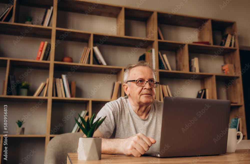 Senior man working with laptop at home. Old man using computer at home ...