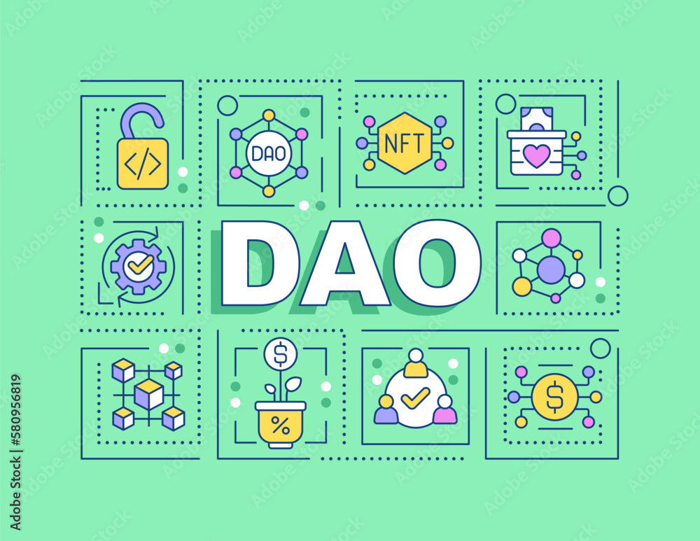 DAO word concepts green banner. Decentralized autonomous organizations ...