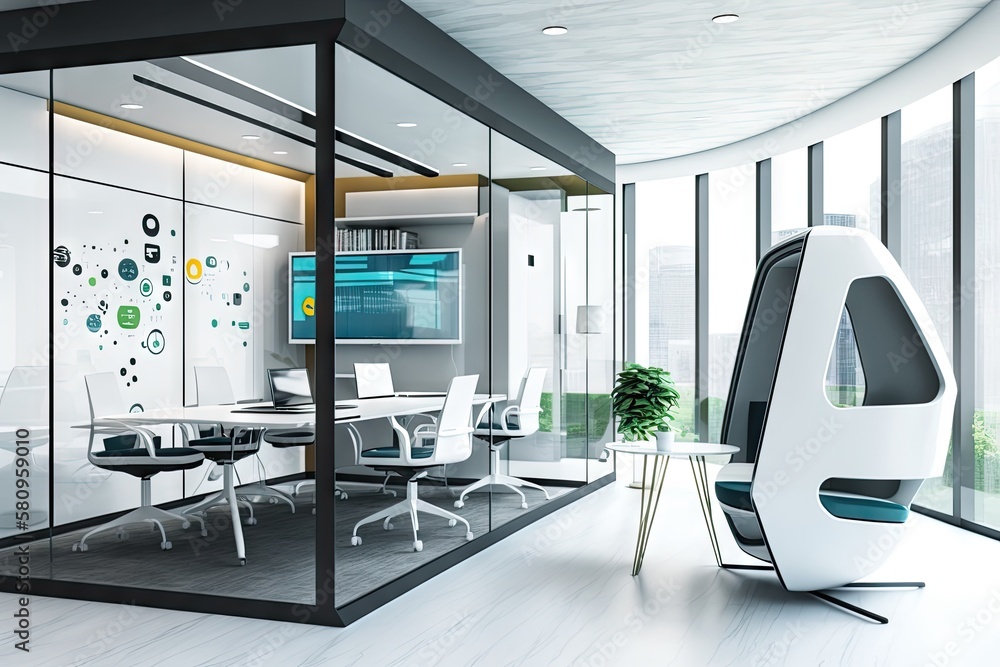 a futuristic open office with a glass-enclosed conference room ...