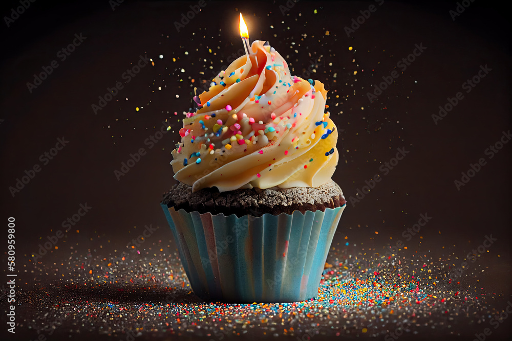 Tasty birthday cupcake on a dark background. Cupcake with a cream curl ...