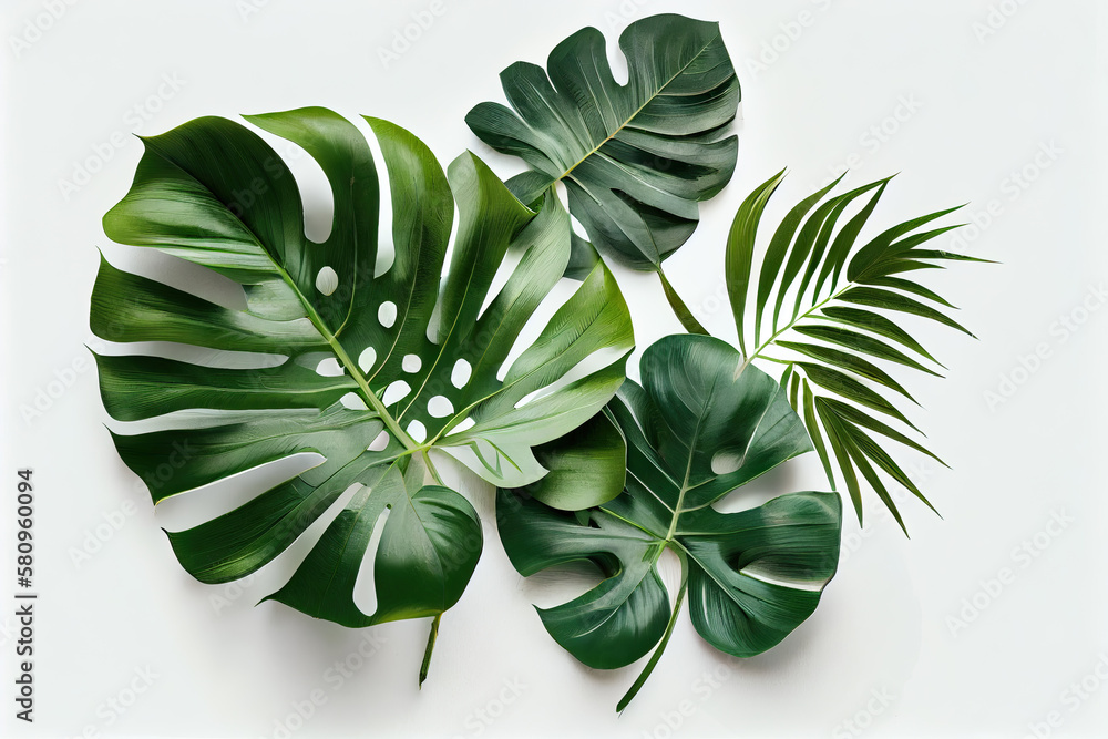 Realistic bright green monstera leaves isolated on white background. A ...