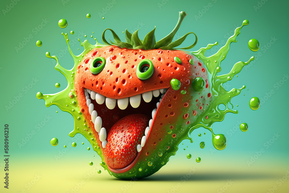 Cartoon smiling, crazy strawberry with splash liquid juice on green ...