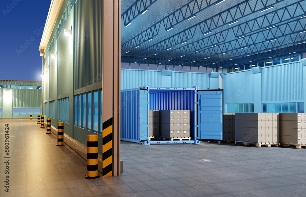 Logistic center. Hangar with boxes on pallets. Sea container for ...
