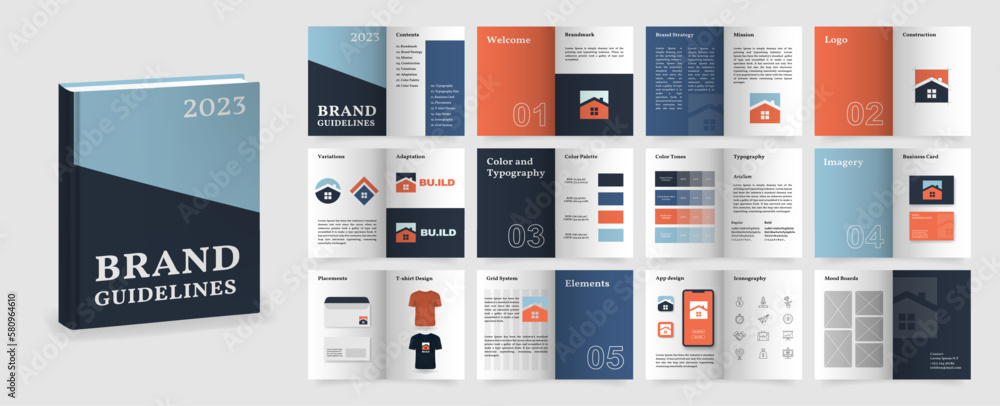 Blue and Orange Brand Guidelines template. Brand Manual presentation in ...