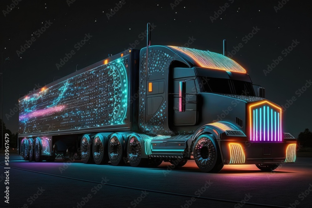 night neon futuristic cargo truck of future with flashing lights ...