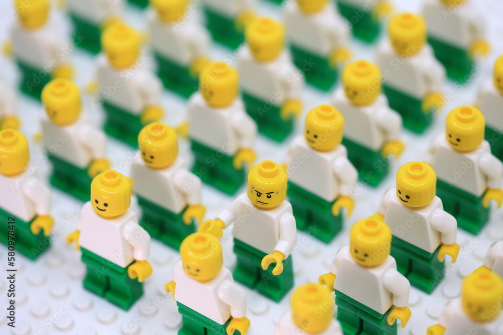 Hong Kong -March 15 2023: minifigure wake up inside the crowd of bald ...