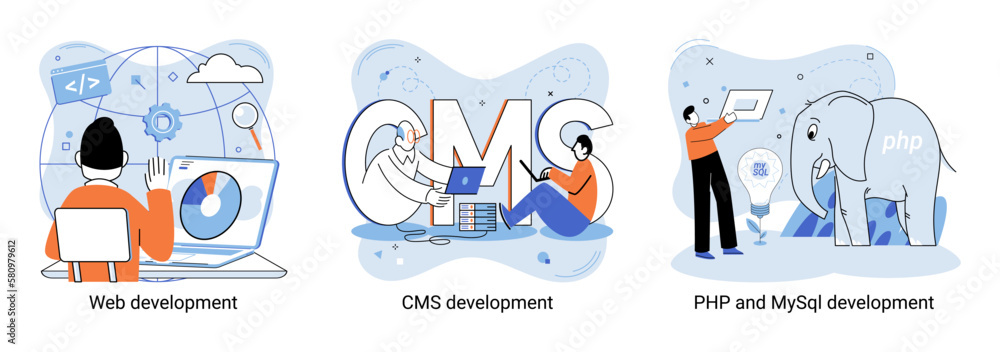 Website architecture concepts metaphor. Web development, PHP and MySQL, CMS, interface design ...