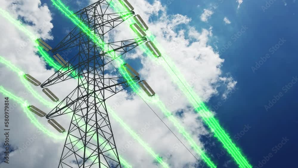 Power lines with electrical cables transmit high-voltage electricity ...