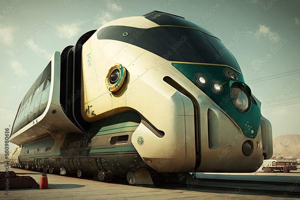 futuristic cargo train of future with streamlined design at station ...