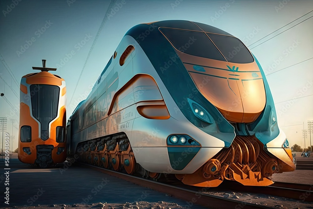 futuristic cargo train of future with streamlined design at station ...