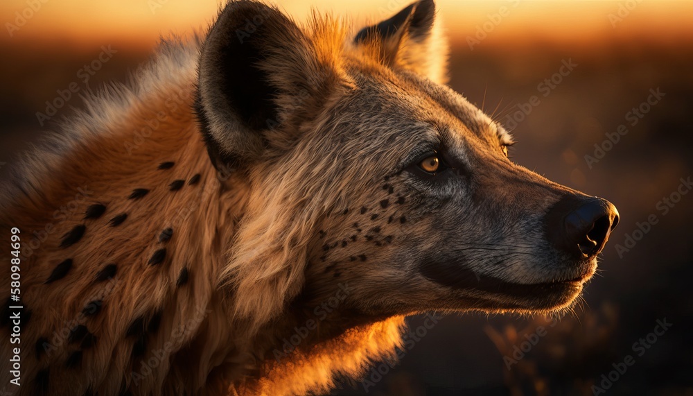 From the side, a golden-hour hyena is seen, AI generation. Stock ...
