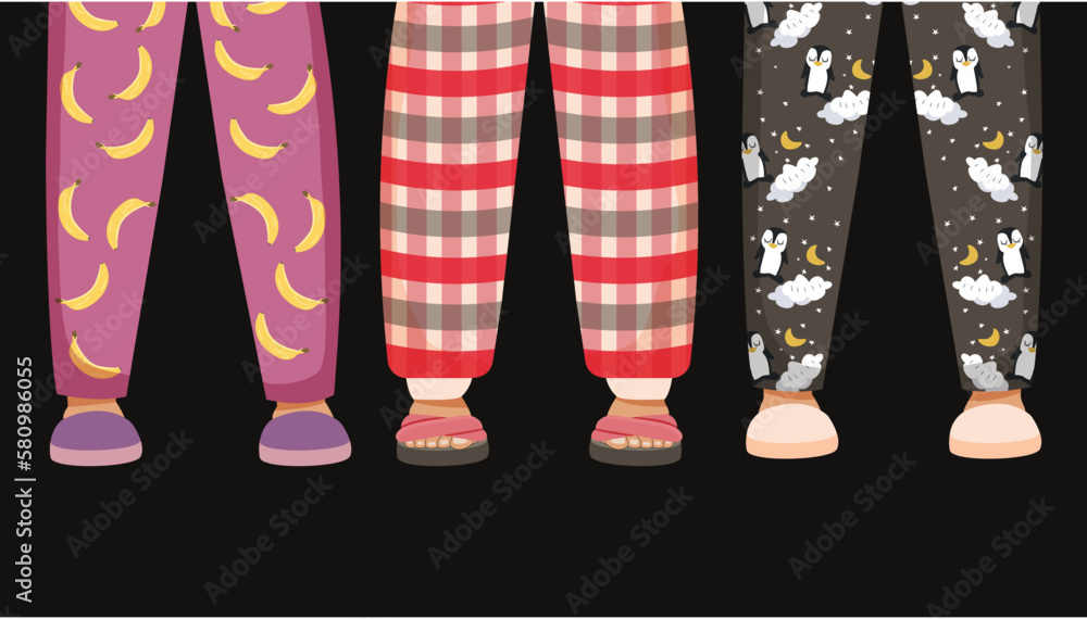 Pair of feet in slippers and pajamas. Pajama party. Vector stock ...
