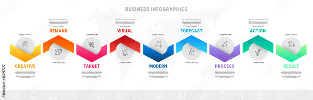 Vector business process. Modern timeline infographics with nine options ...