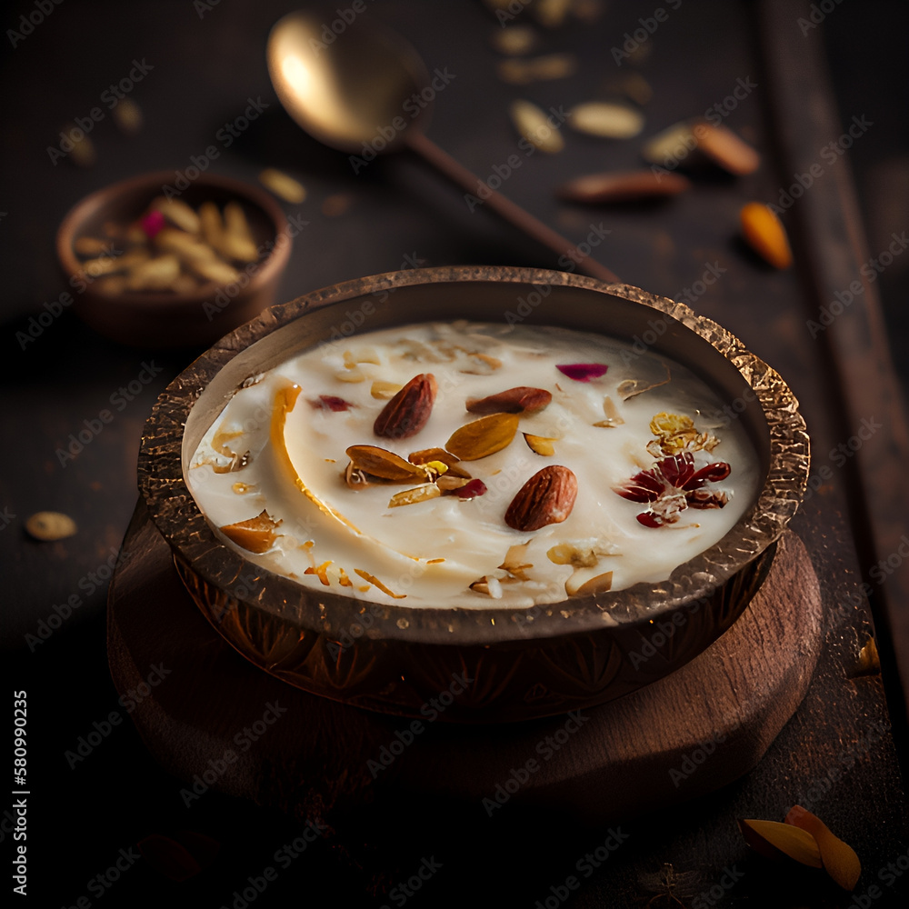 Indian sweet kheer or rice pudding is an Indian dessert in a brown ...