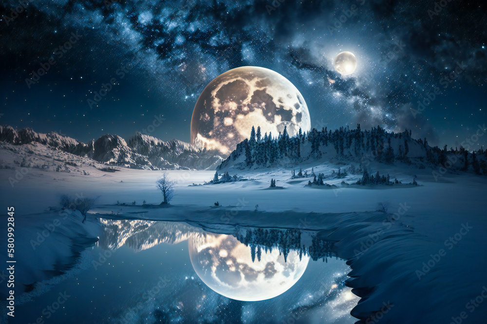 Big white moon rising over an ice and snow winter landscape. Created ...