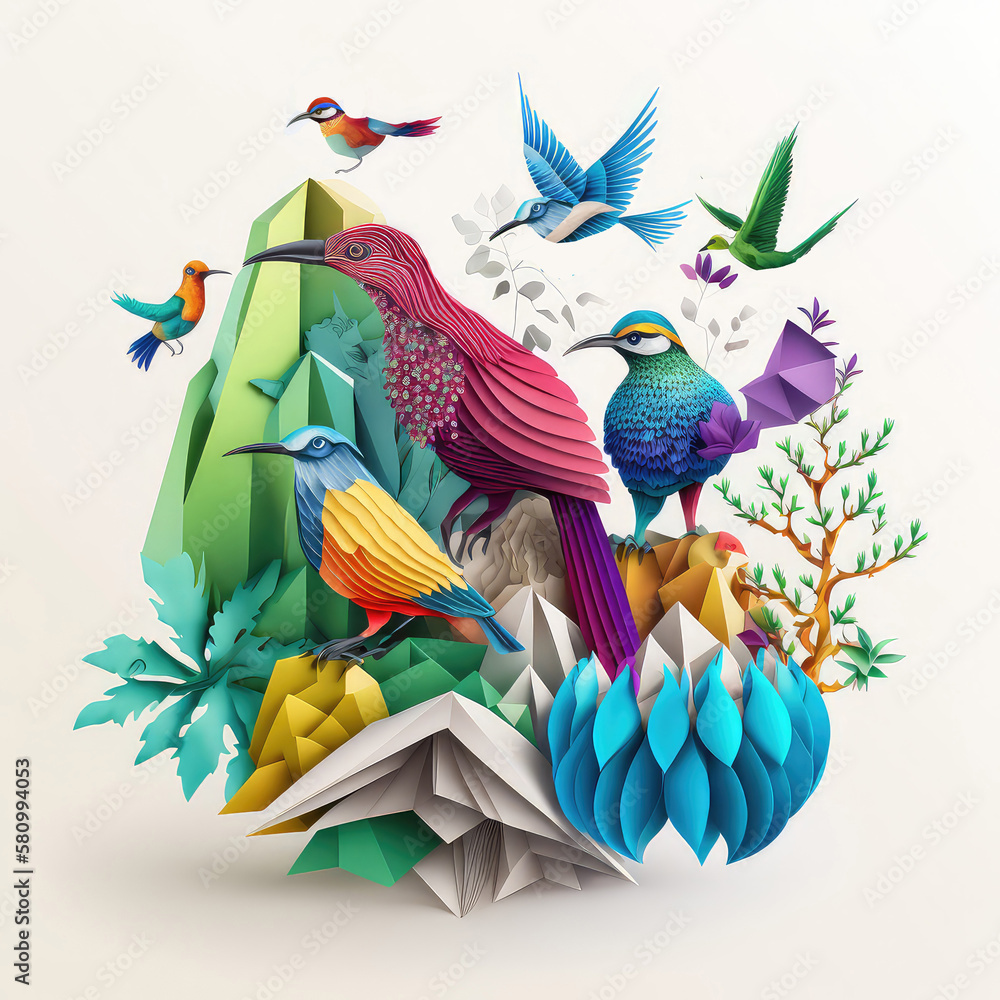 Papercut Birds Ecology Wildlife Diversity Design. Colorful Vivid ...