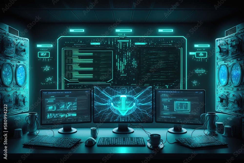 Сoncept of virtual environment and cyberspace set of glowing screens ...