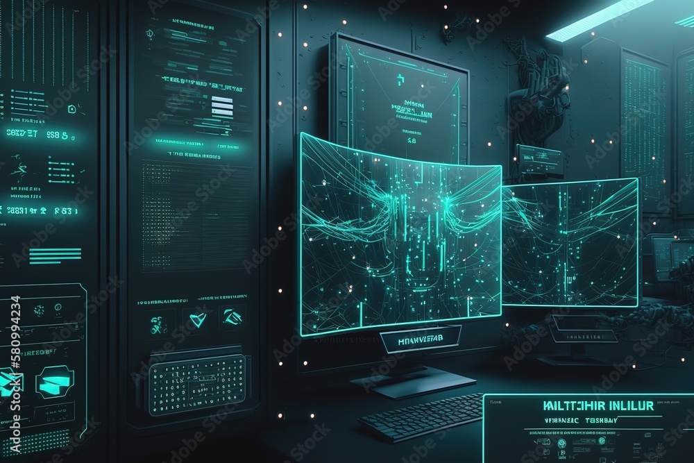 Сoncept of virtual environment and cyberspace set of glowing screens ...