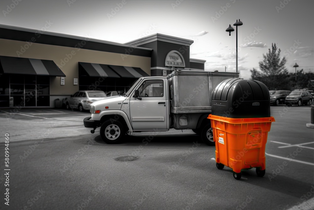 empty garbage can behind restaurant and delivery car in parking lot ...
