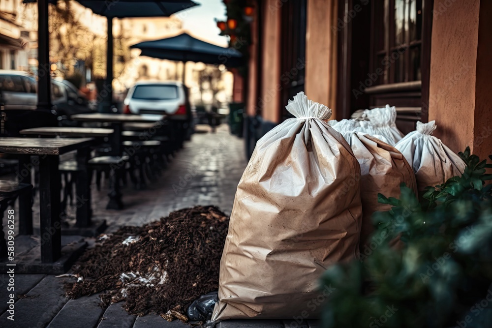 refuse of organic waste and garbage in bags behind restaurant, created ...