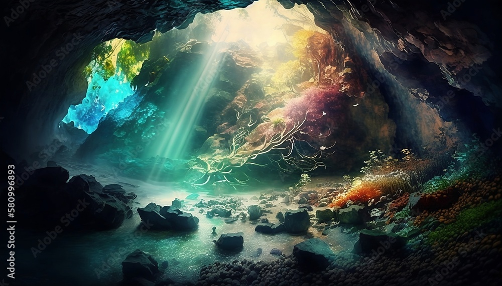 Colorful crystal cave inside the mountain. Waterfalls are falling in ...