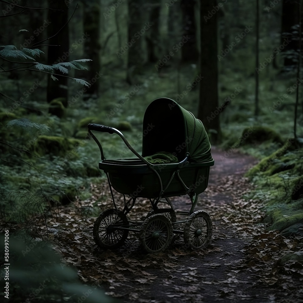 Minimalist horror, empty pram in a forest. Generative AI. Stock ...