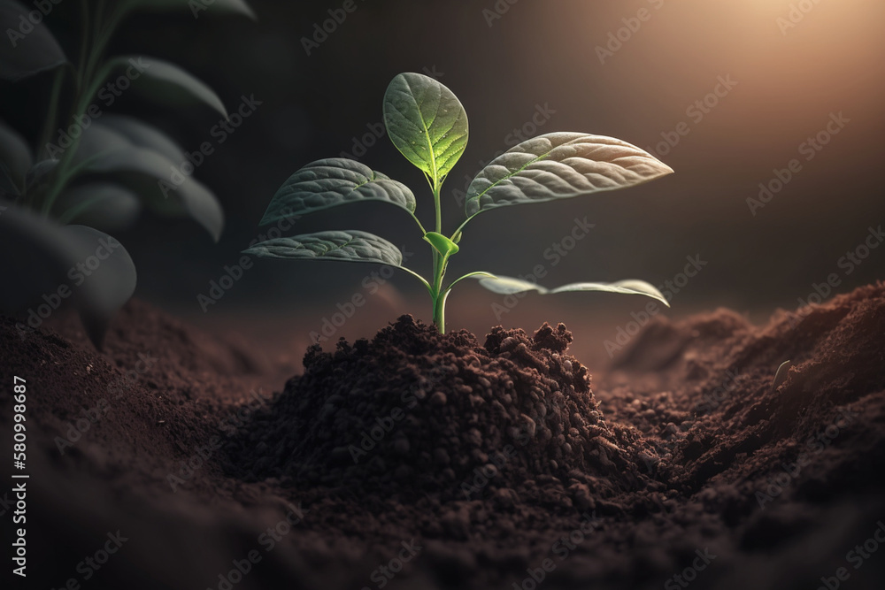 developing plant, Young plant with ground backdrop and dawn light, New ...