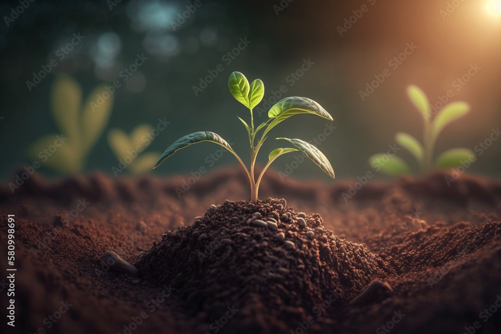 developing plant, Young plant with ground backdrop and dawn light, New ...