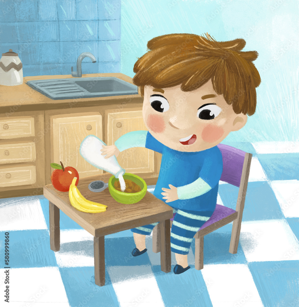 cartoon scene with boy eating tasty breakfast illustration for children ...