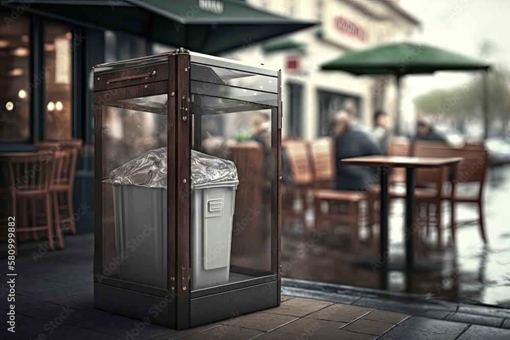 transparent garbage can behind restaurant for fast and convenient waste ...