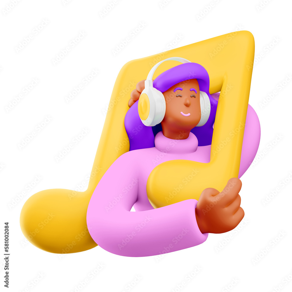 3d illustration. Cartoon girl 3d character listening to music. Melody ...