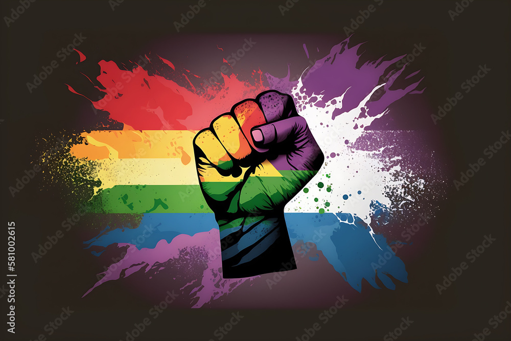 Generative ai illustration of LGBT flag and a fist, a hand with a ...