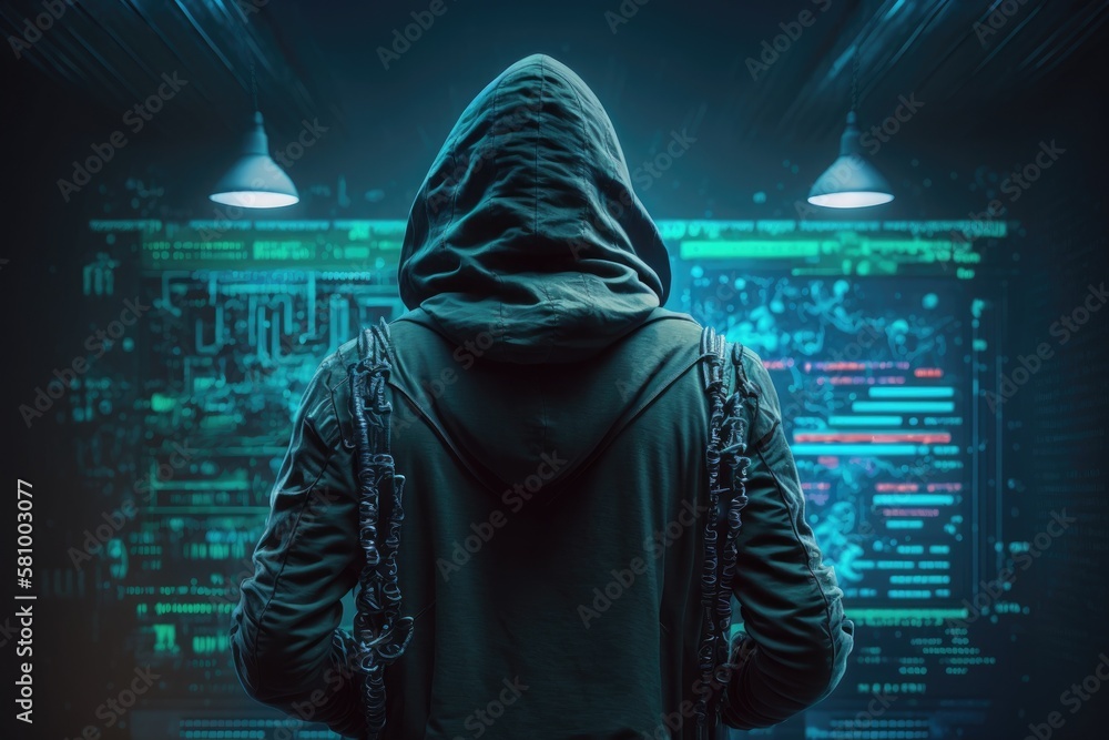concept depicts a cybersecurity vulnerability Log4J and a hooded computer hacker in a server ...