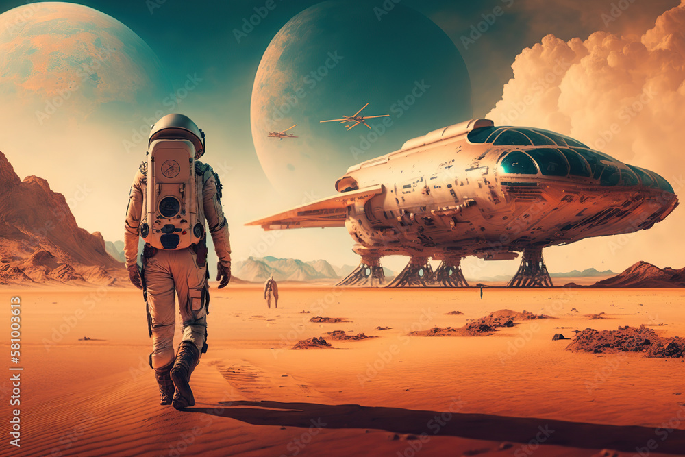 Futuristic fantasy image city building on Mars, flying ships with ...