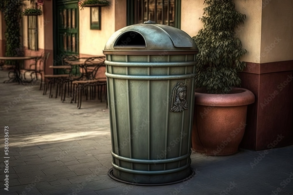 big metal garbage can behind restaurant for storage of waste, created ...