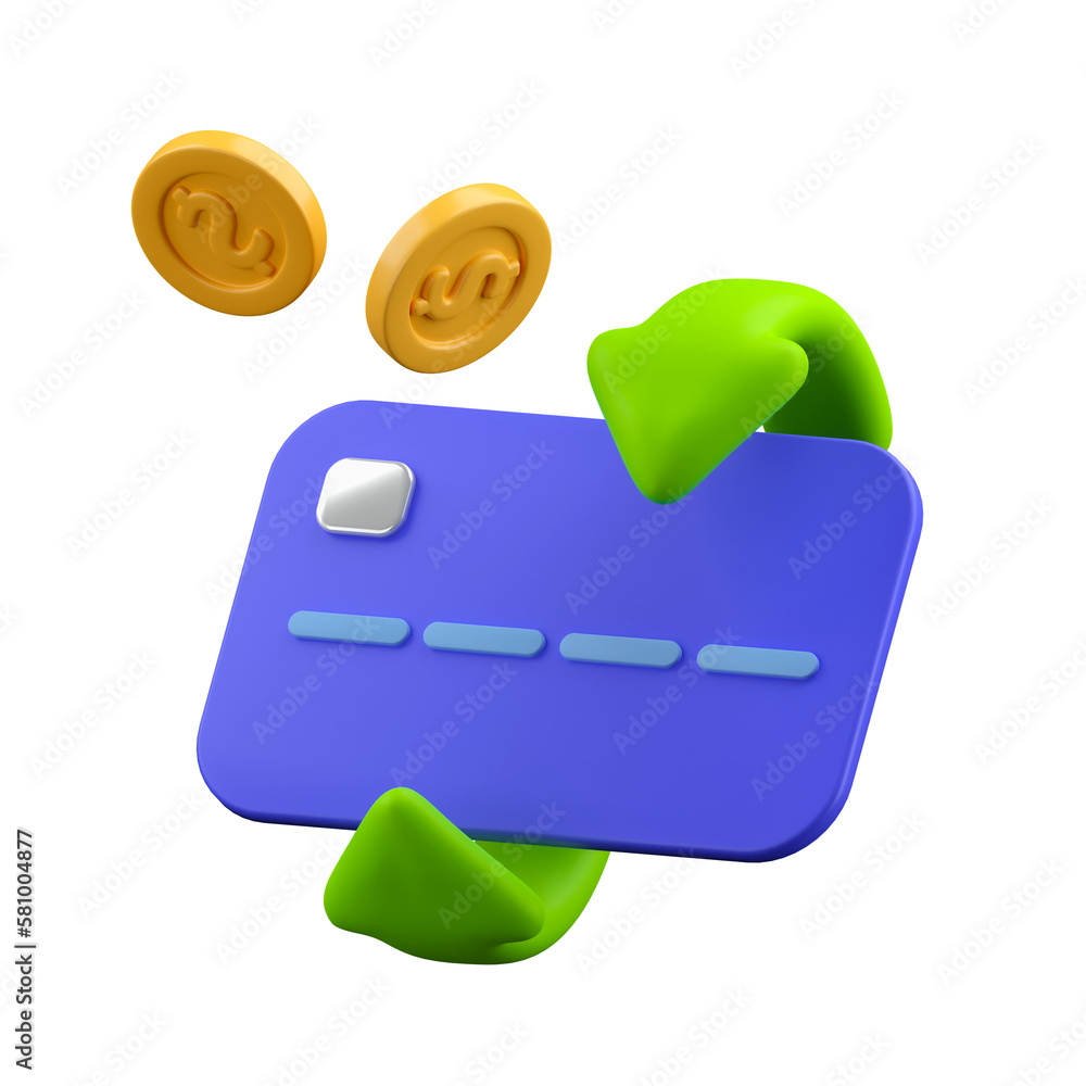 3d credit card, coins and arrow icon. Credit or debit card refund ...