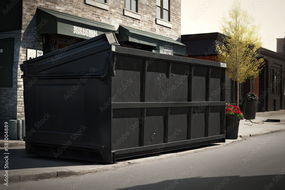 large black dumpster for garbage or recyclables behind restaurant ...