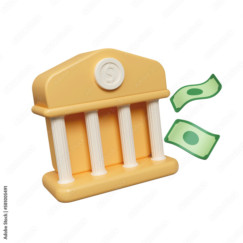 bank building with cash floating. Deposit and withdrawal, transactions ...