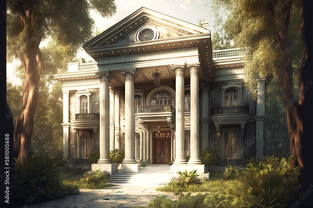 beaful rustic mansion with white columns at entrance in american style ...