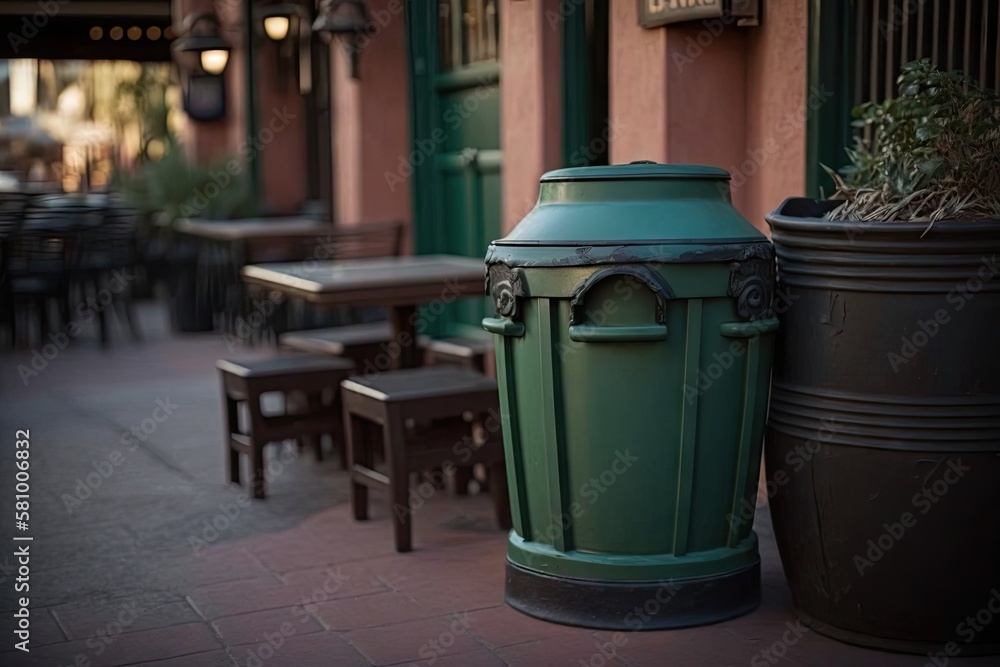 small green garbage can behind restaurant for quick disposal of waste ...