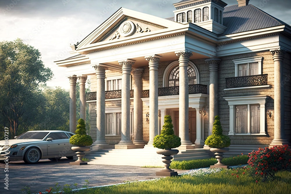luxurious suburban mansion with veranda and columns in american style ...