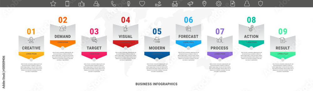 Vector infographics with 9 arrows. Business concept graphic process ...