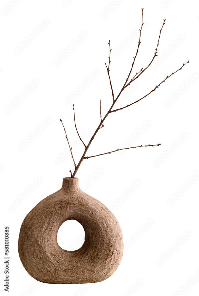 Clay pot with branch isolated on transparent background. A piece of ...