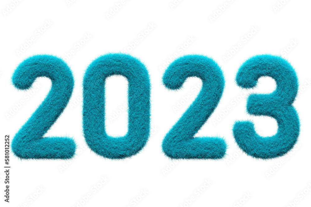 blue 2023 Number Fur 3D element render, Typography fluffy style Stock ...