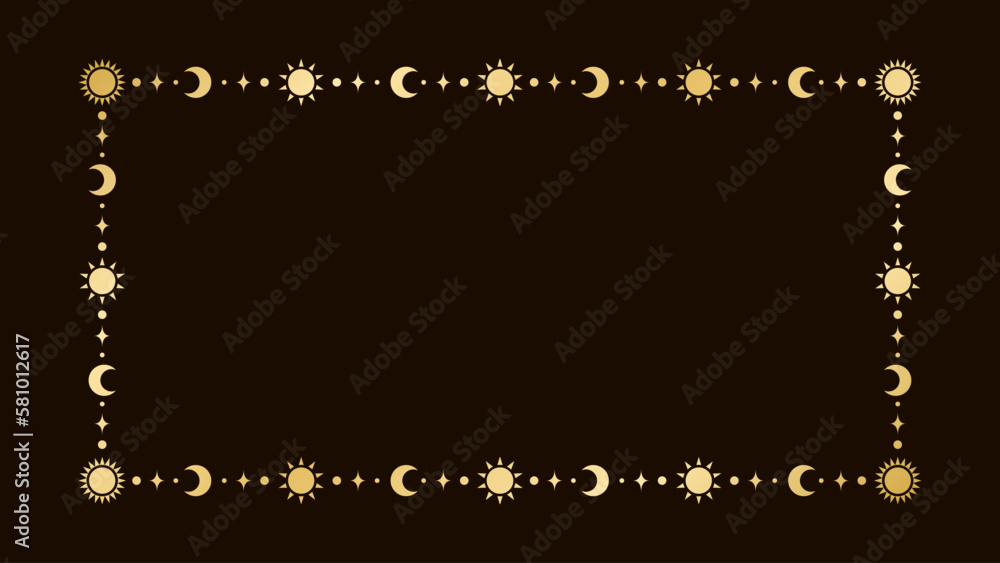 Mystic celestial rectangle golden frame with sun, stars, moon phases ...